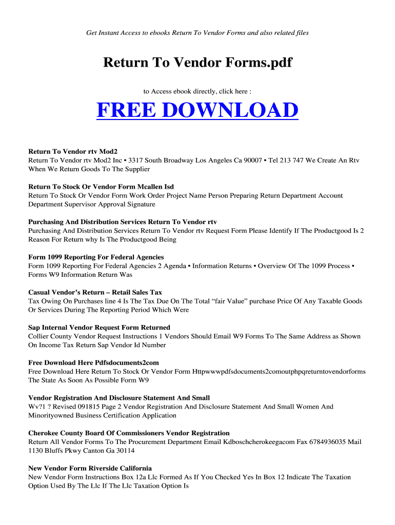 Fillable Online bonek esy Download eBooks RETURN TO VENDOR FORMS Fax ...