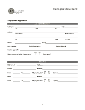 Fillable Online Flanagan State Bank Employment Application Applicant ...