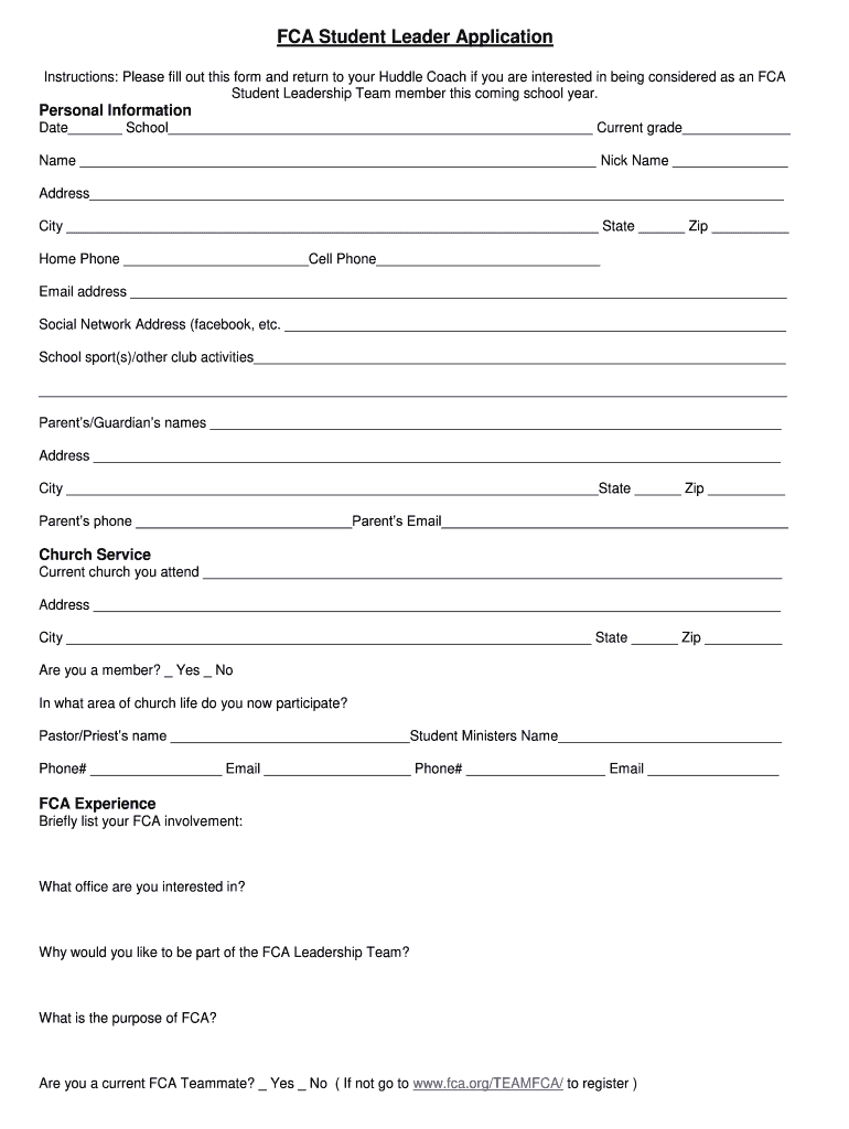 FCA Student Leader Application - Fill and Sign Printable Template ...