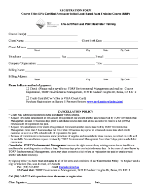Fillable Online torf REGISTRATION FORM Course Title EPA Certified ...