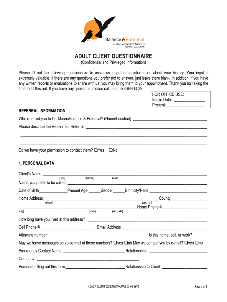Fillable Online ADULT CLIENT QUESTIONNAIRE Fax Email Print - pdfFiller