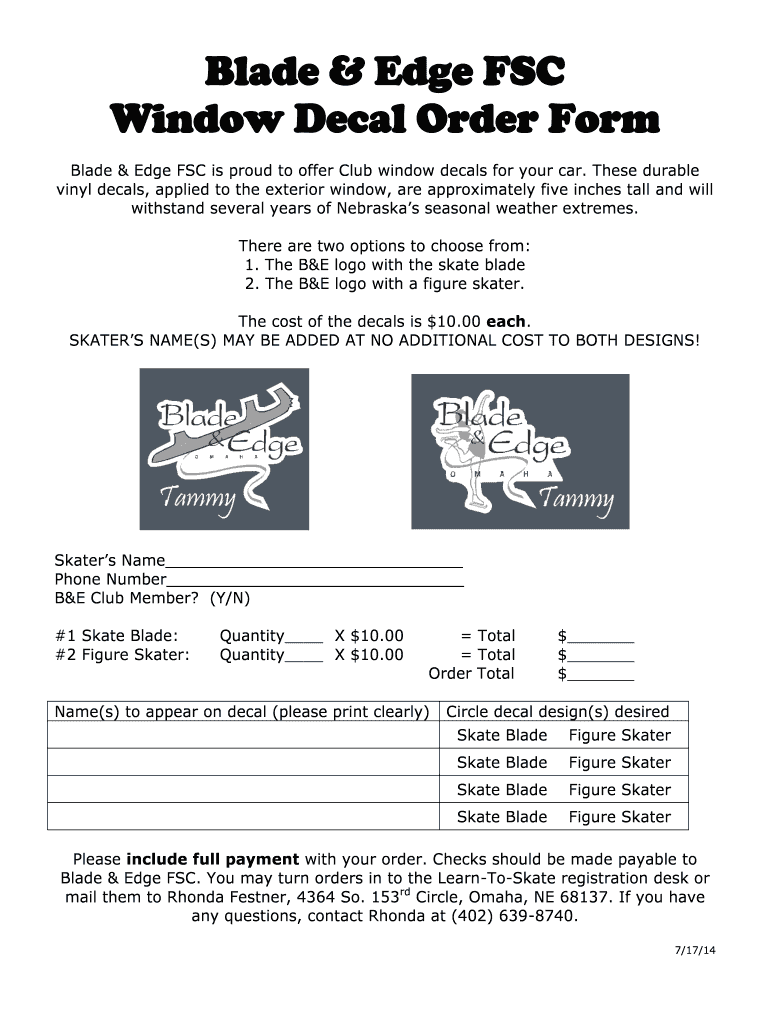 Fillable Online Blade amp Edge FSC Window Decal Order Form Fax Email ...
