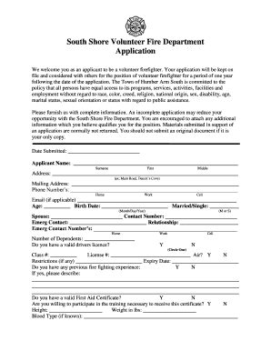 Fillable Online South Shore Volunteer Fire Department Application Fax ...