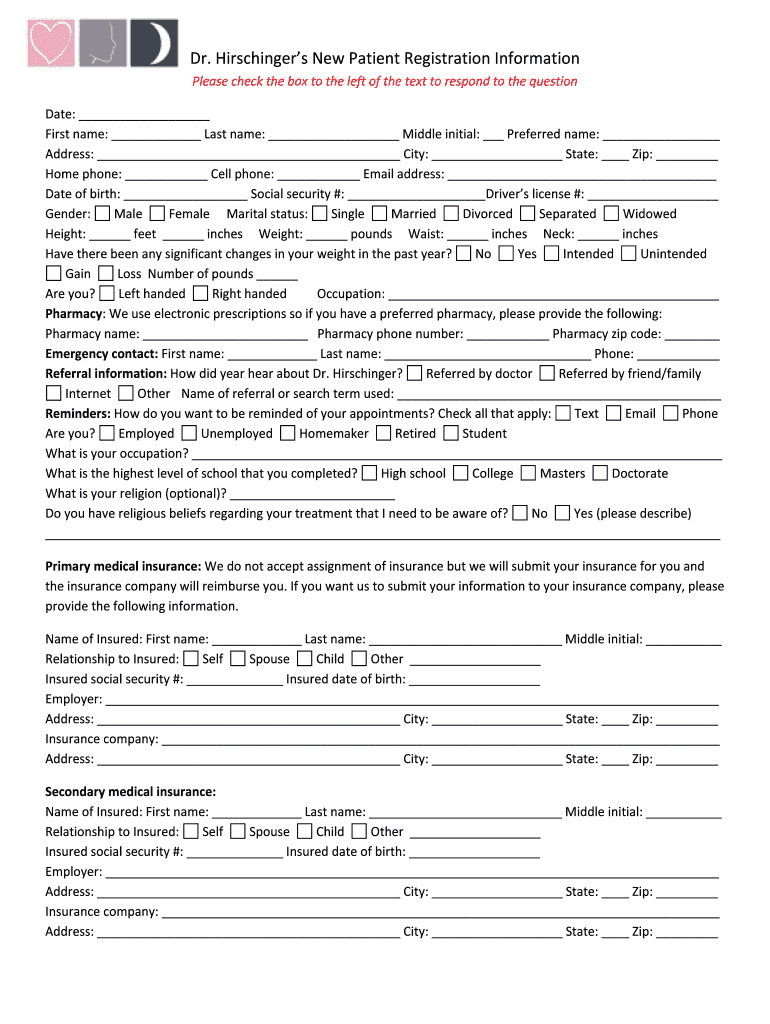 Fillable Online Dr Hirschingers New Patient Registration Information Fax Email Print - pdfFiller