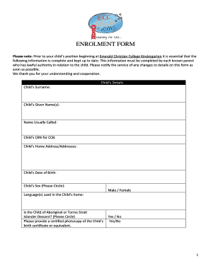 Fillable Online ecc qld edu ENROLMENT FORM - Emerald Christian College ...