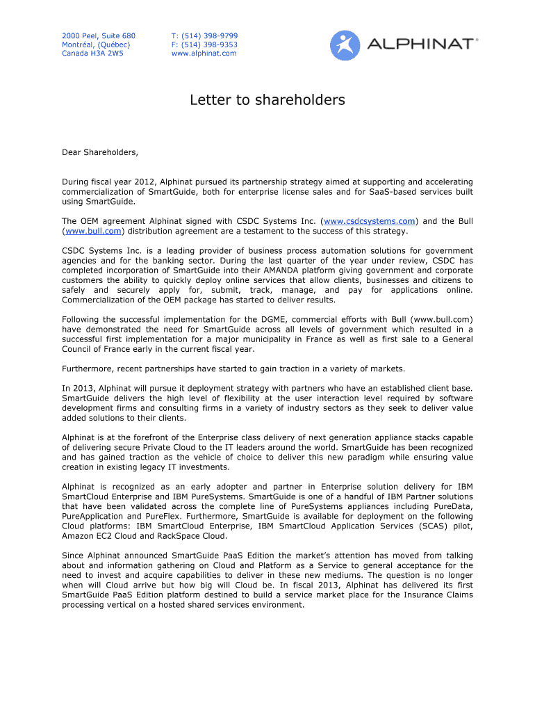 Fillable Online Letter to shareholders - bAlphinatb Fax Email Print ...