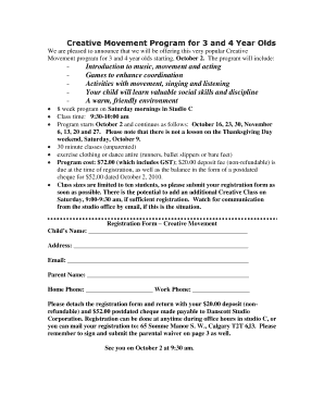 Fillable Online CREATIVE MOVEMENT PROGRAM FOR - Danscott Studio Fax ...