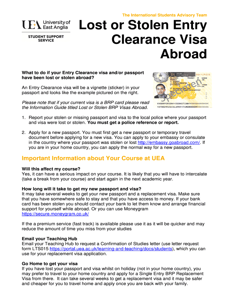 Fillable Online Lost or Stolen Entry Clearance Visa Abroad - The UEA ...