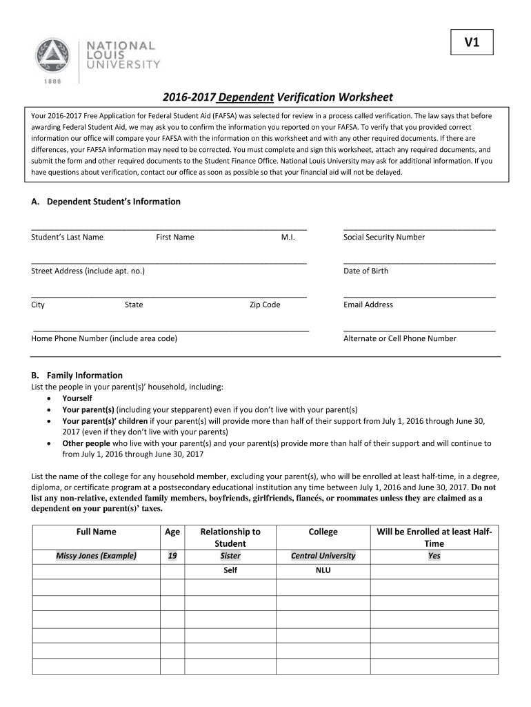 Fillable Online nl V1 20162017 Dependent Verification Worksheet Your 20162017 Free Application ...