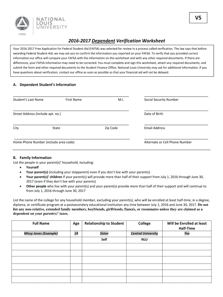 Fillable Online nl V5 20162017 Dependent Verification Worksheet Your 20162017 Free Application ...