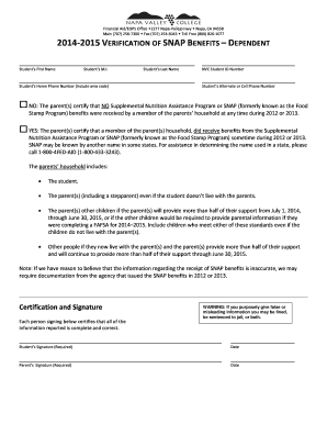 Fillable Online napavalley 2014-b2015 VERIFICATIONb OF SNAP BENEFITS ...