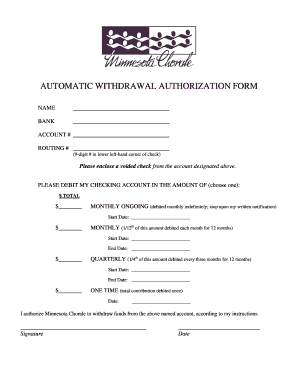 Fillable Online mnchorale AUTOMATIC WITHDRAWAL AUTHORIZATION FORM ...