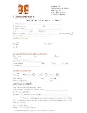 Fillable Online COD ACCOUNT AGREEMENT FORM - bmcilvainbbcomb Fax Email ...