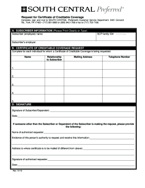 Fillable Online Request for Certificate of Creditable Coverage - bscpb ...