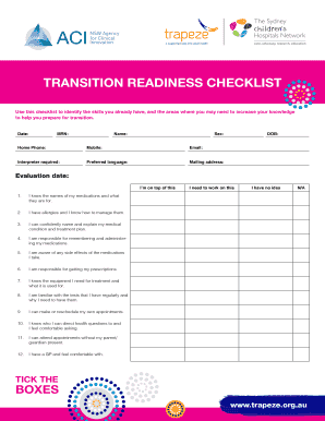 Fillable Online trapeze org TRANSITION READINESS CHECKLIST Use this ...