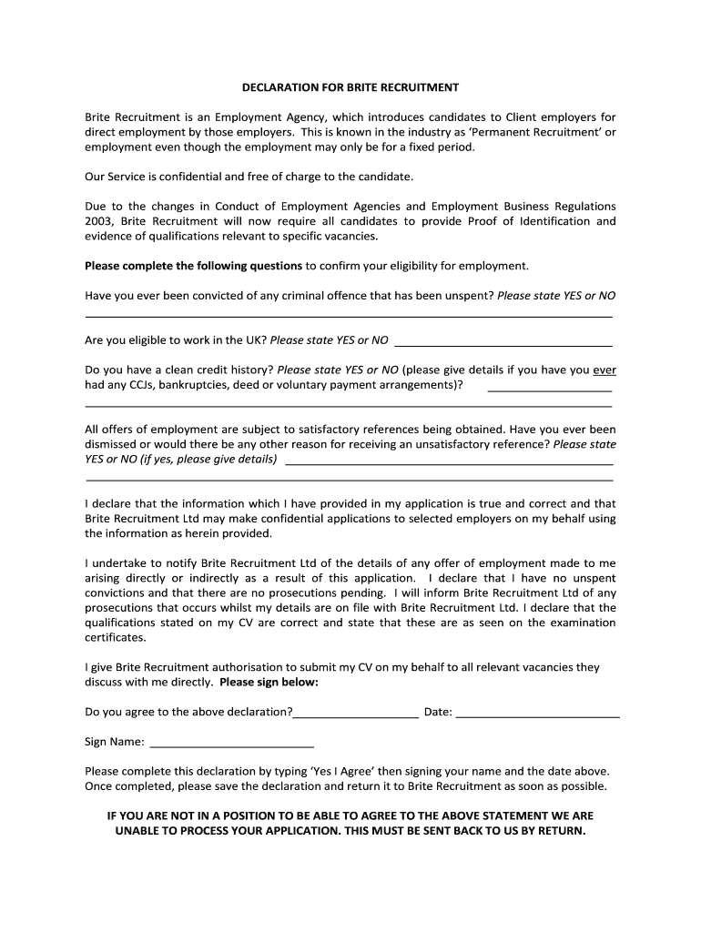 Fillable Online DECLARATION FOR BRITE RECRUITMENT Fax Email Print ...