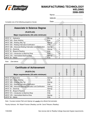 Fillable Online reedleycollege MANUFACTURING TECHNOLOGY WELDING ...