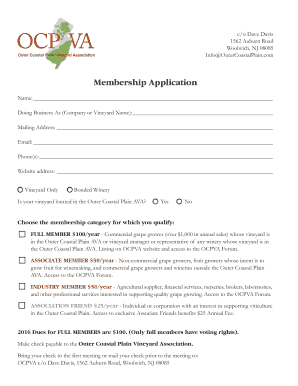 Fillable Online Membership Application - Outer Coastal Plain Vineyard Fax Email Print - pdfFiller