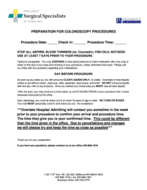 Fillable Online PREPARATION FOR COLONOSCOPY PROCEDURES Procedure ...