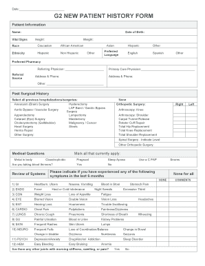 Fillable Online Date: G2 NEW PATIENT HISTORY FORM Patient Information ...