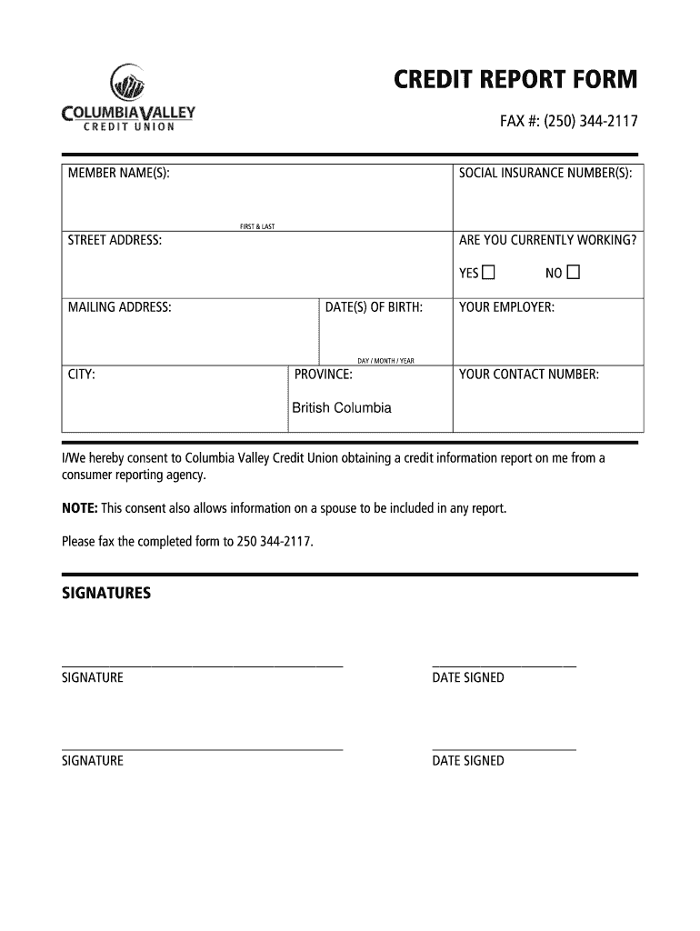 Fillable Online cvcu bc Credit Report Form - bcvcubbbcbbcab Fax Email ...