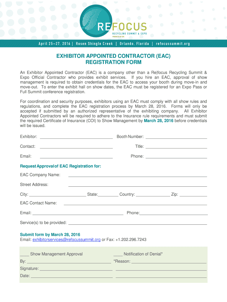 Fillable Online refocussummit EXHIBITOR APPOINTED CONTRACTOR (EAC ...