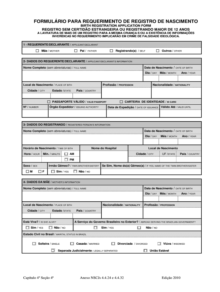 Fillable Online brasilbcn FORMUL RIO PARA REQUERIMENTO DE REGISTRO DE ...
