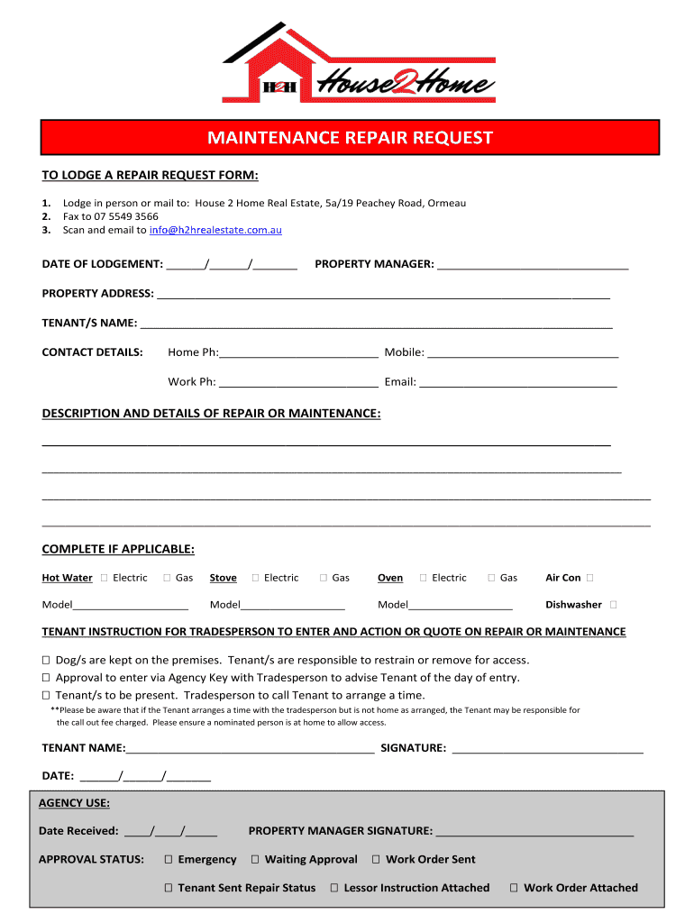 Fillable Online Maintenance Form.pdf - House 2 Home Real Estate Fax ...