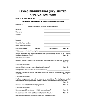 Fillable Online LEMAC ENGINEERING UK LIMITED APPLICATION FORM Fax Email ...