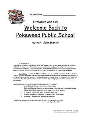 Fillable Online Literature Unit for Welcome Back to Pokeweed Public ...