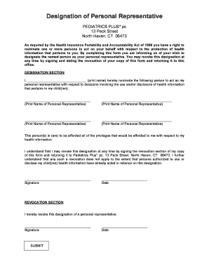 Fillable Online pediatricsplus Designation of Personal Representative ...