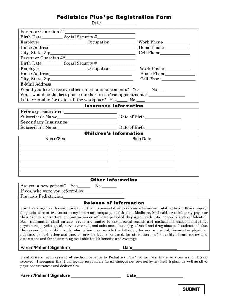 Fillable Online pediatricsplus Pediatrics Pluspc Registration Form Fax ...