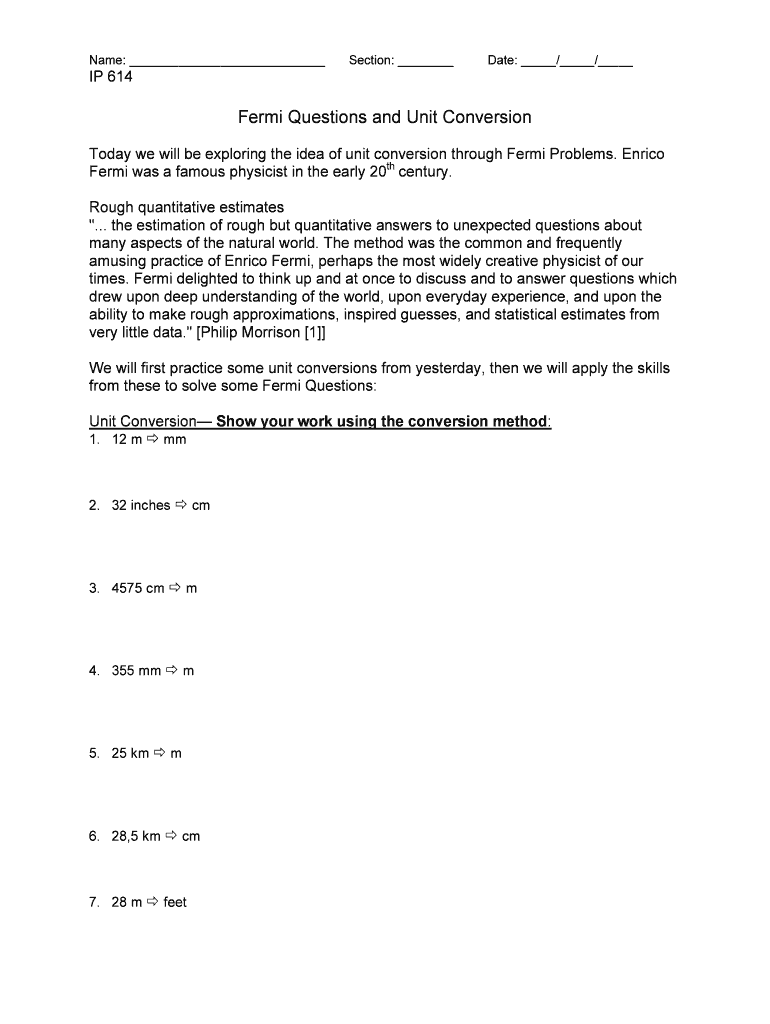 Fillable Online Fermi Questions and Unit Conversion - nnhsrasetti Fax ...