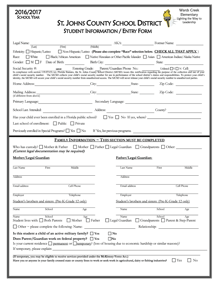 Fillable Online KG Registration Packet 2016 2017 - Wards Creek ...