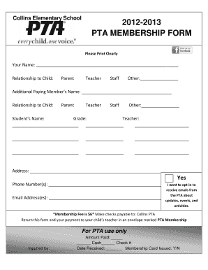 Fillable Online Collins Elementary School 2012-2013 PTA MEMBERSHIP FORM ...