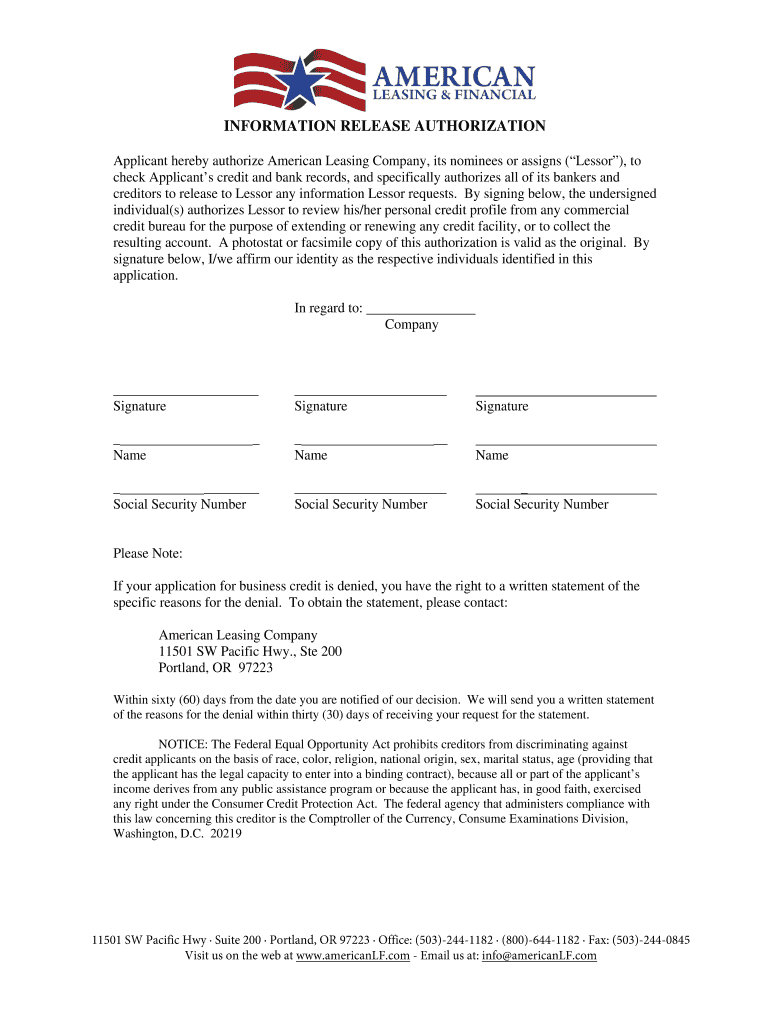 Fillable Online INFORMATION RELEASE AUTHORIZATION - American Leasing ...
