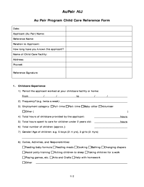 Fillable Online Au Pair Program Child Care Reference Form - Aupair AIJ Fax Email Print - pdfFiller