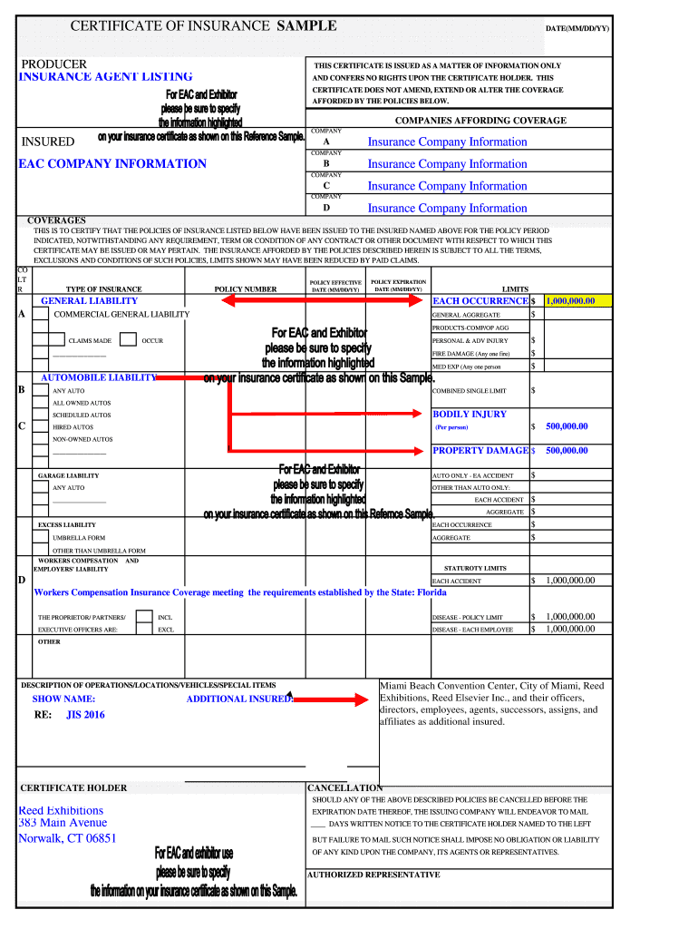 Fillable Online BCERTIFICATE OF INSURANCEb SAMPLE Fax Email Print ...
