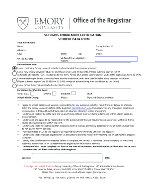 Fillable Online registrar emory Veterans enrollment certification ...