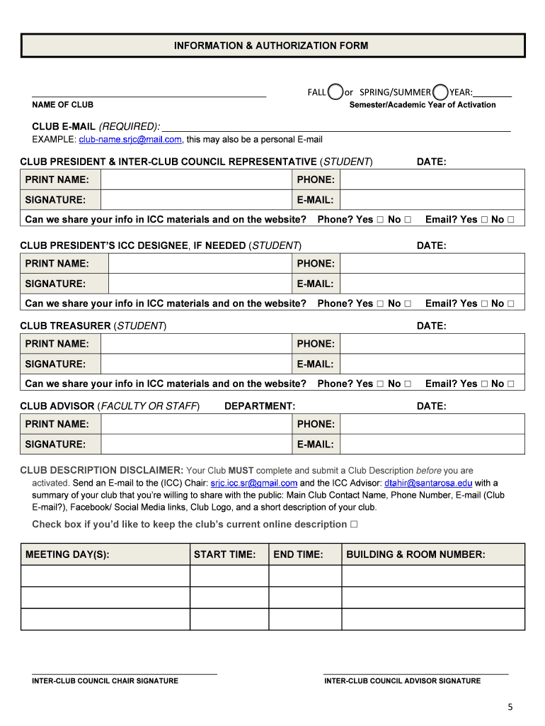 Fillable Online studentlife santarosa SRJC CLUB ACTIVATION PACKET ...