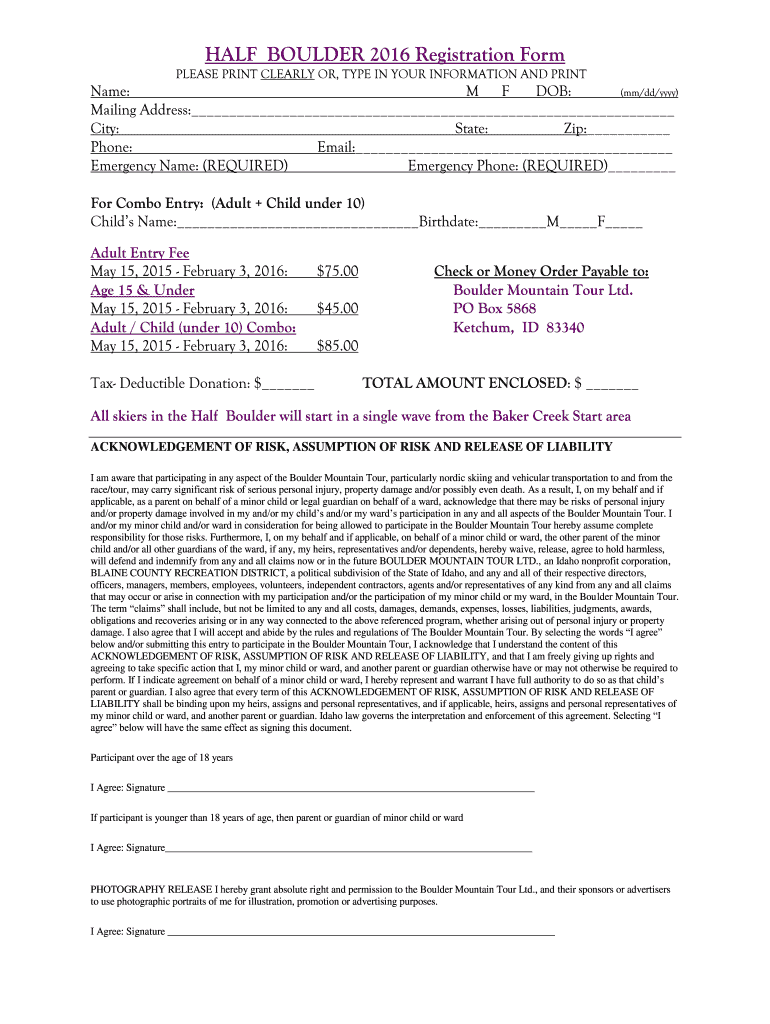 Fillable Online HALF BOULDER 2016 Registration Form Fax Email Print ...