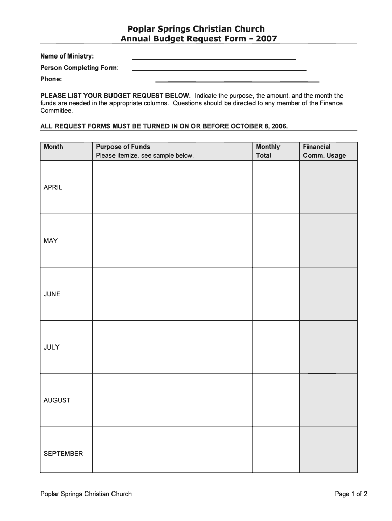 Fillable Online BPoplarb bSpringsb Christian Church Annual Budget ...