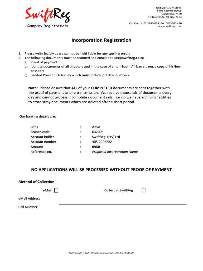 Fillable Online swiftreg co Incorporation Registration - bSwiftRegb Fax ...