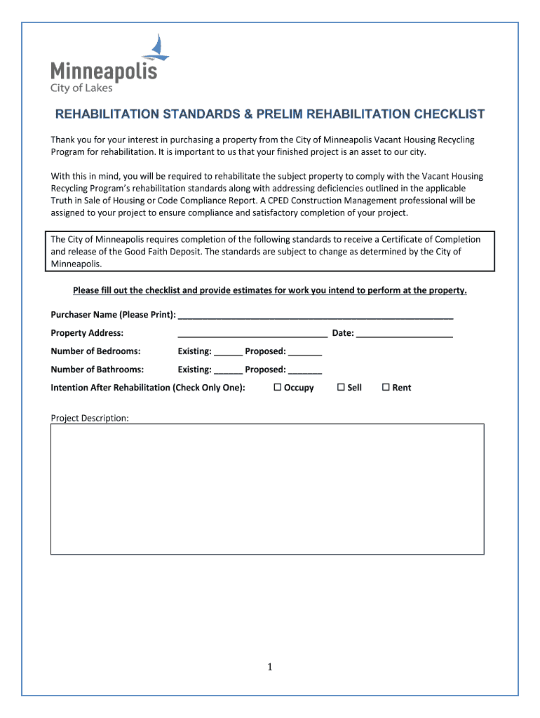 Fillable Online ci minneapolis mn Preliminary Rehab bChecklistb bpdfb ...