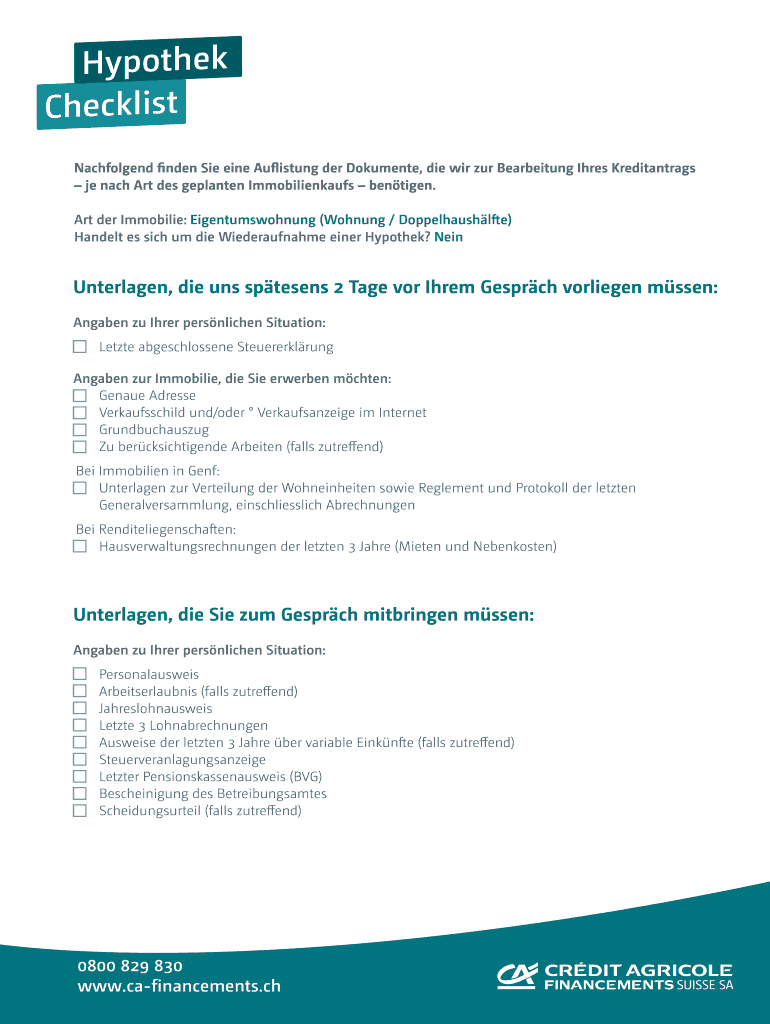 Ausfüllbar Online ca-financements Hypothek Checklist Eigentumswohnung ...