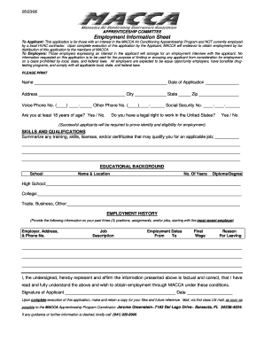 Fillable Online macca APPRENTICESHIP COMMITTEE Employment Information ...