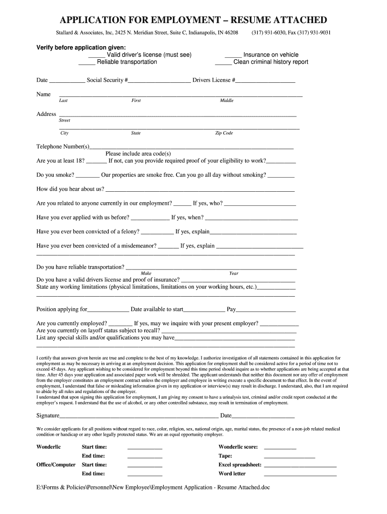 Fillable Online Employment Application - Resume Attached Fax Email ...