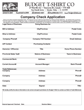 Fillable Online Company Cheque Application - Budget T-Shirt Fax Email ...
