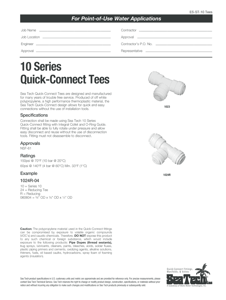 Fillable Online B10b Series Quick-Connect Tees - Watts Water Technologies Fax Email Print ...