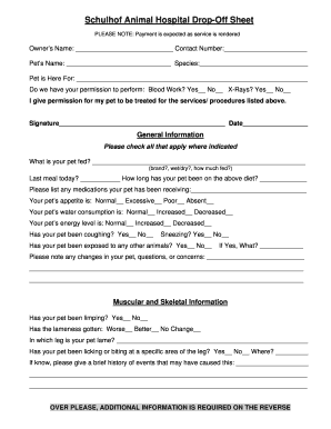 Fillable Online Hospital Drop-Off Form - Schulhof Animal Hospital Fax ...